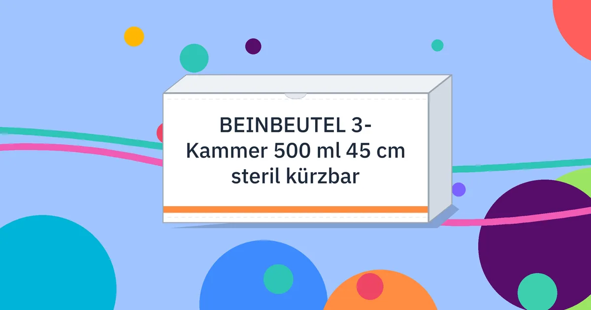 Symbolbild: Packung mit der Aufschrift BEINBEUTEL 3-Kammer 500 ml 45 cm steril kürzbar (PZN 07791022) – Verfügbarkeit und Bezug in Apotheken in Frankfurt am Main