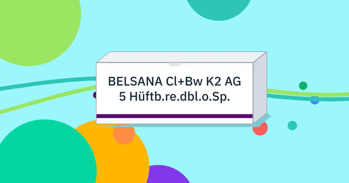Symbolbild: Packung mit der Aufschrift BELSANA Cl+Bw K2 AG 5 Hüftb.re.dbl.o.Sp. (PZN 15628402) – Verfügbarkeit und Bezug in Apotheken in Frankfurt am Main