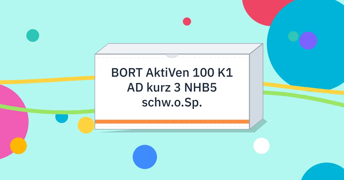 Symbolbild: Packung mit der Aufschrift BORT AktiVen 100 K1 AD kurz 3 NHB5 schw.o.Sp. (PZN 17497298) – Verfügbarkeit und Bezug in Apotheken in Frankfurt am Main