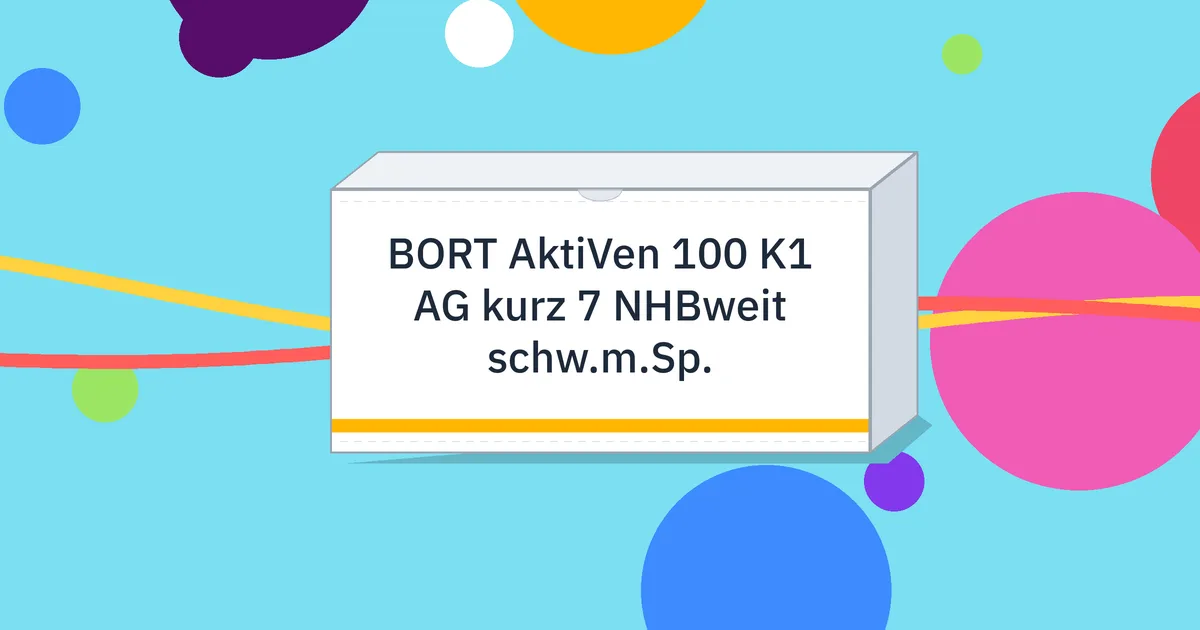 Symbolbild: Packung mit der Aufschrift BORT AktiVen 100 K1 AG kurz 7 NHBweit schw.m.Sp. (PZN 14388551) – Verfügbarkeit und Bezug in Apotheken in Frankfurt am Main