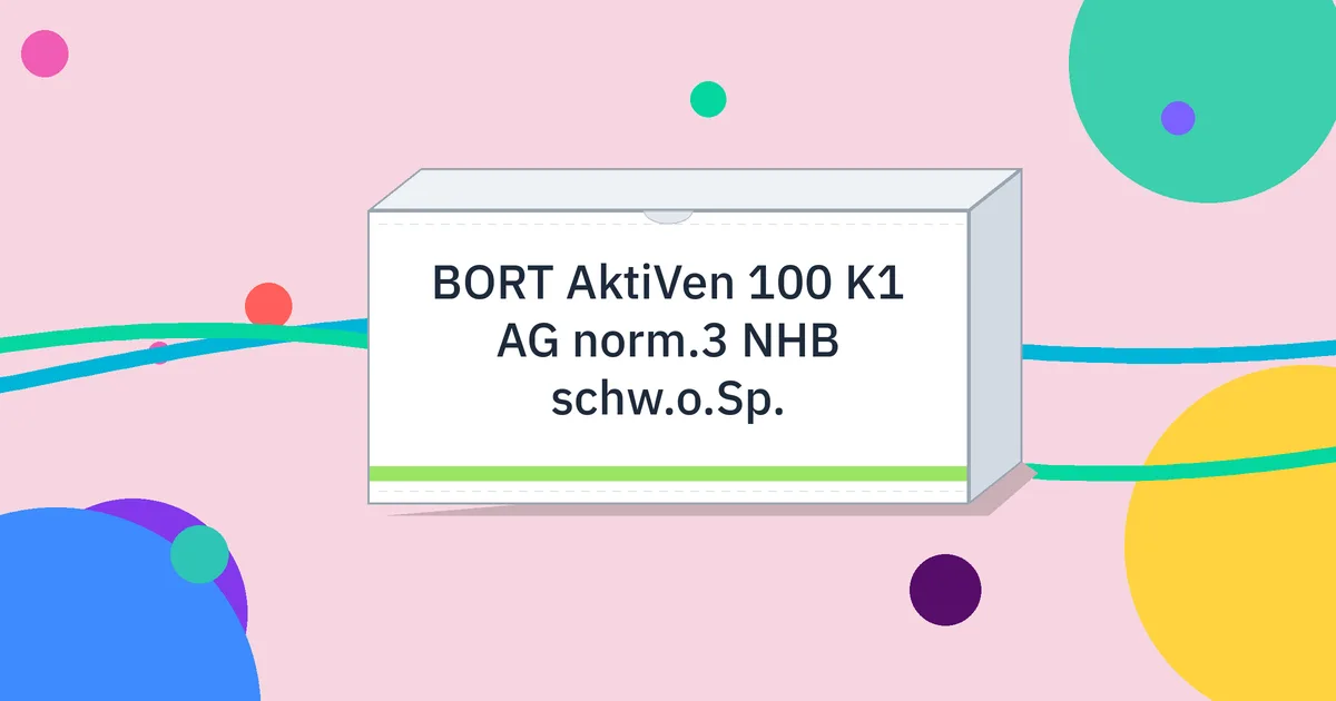 Symbolbild: Packung mit der Aufschrift BORT AktiVen 100 K1 AG norm.3 NHB schw.o.Sp. (PZN 14387540) – Verfügbarkeit und Bezug in Apotheken in Frankfurt am Main