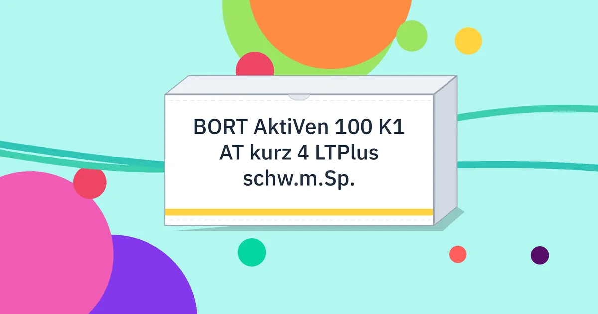 Symbolbild: Packung mit der Aufschrift BORT AktiVen 100 K1 AT kurz 4 LTPlus schw.m.Sp. (PZN 18175987) – Verfügbarkeit und Bezug in Apotheken in Frankfurt am Main