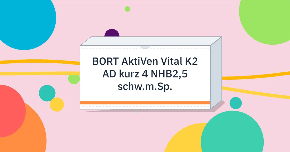 Symbolbild: Packung mit der Aufschrift BORT AktiVen Vital K2 AD kurz 4 NHB2,5 schw.m.Sp. (PZN 17498151) – Verfügbarkeit und Bezug in Apotheken in Frankfurt am Main
