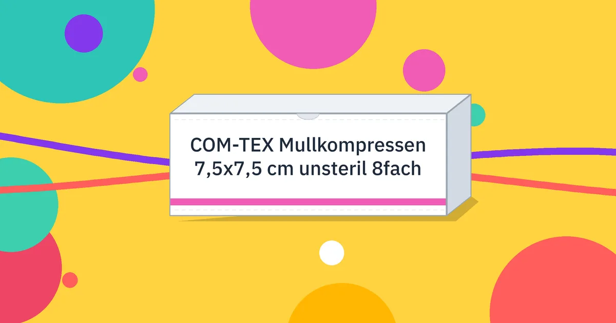 Symbolbild: Packung mit der Aufschrift COM-TEX Mullkompressen 7,5x7,5 cm unsteril 8fach (PZN 00025483) – Verfügbarkeit und Bezug in Apotheken in Frankfurt am Main