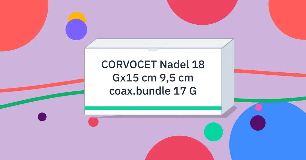 Symbolbild: Packung mit der Aufschrift CORVOCET Nadel 18 Gx15 cm 9,5 cm coax.bundle 17 G (PZN 18764152) – Verfügbarkeit und Bezug in Apotheken in Frankfurt am Main