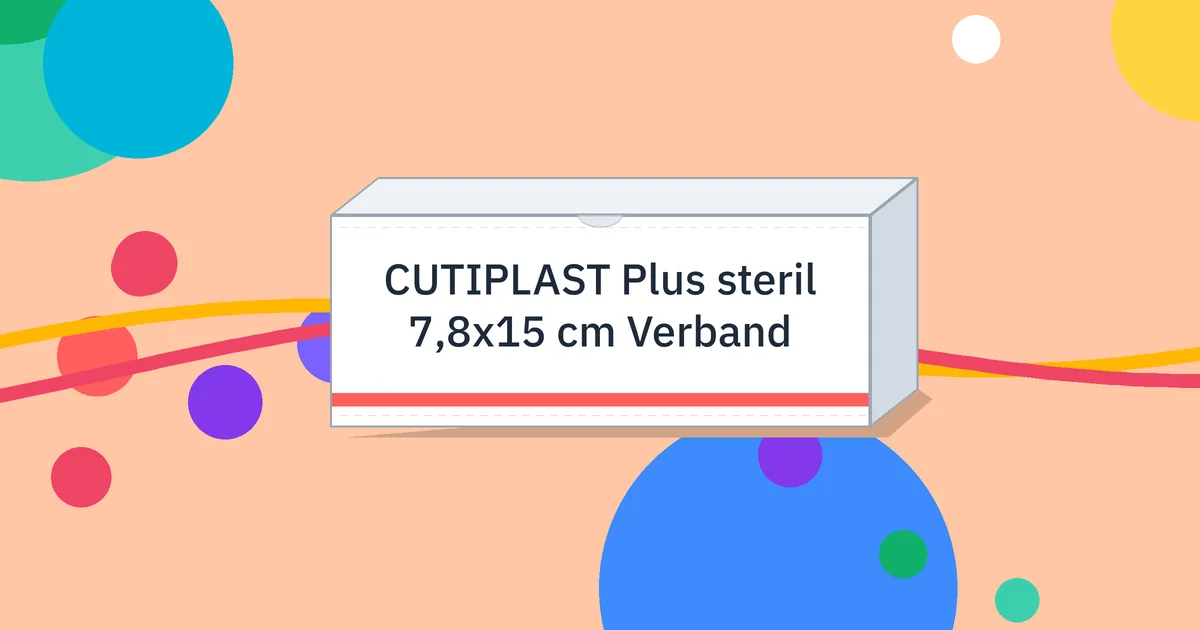 Symbolbild: Packung mit der Aufschrift CUTIPLAST Plus steril 7,8x15 cm Verband (PZN 17971216) – Verfügbarkeit und Bezug in Apotheken in Frankfurt am Main