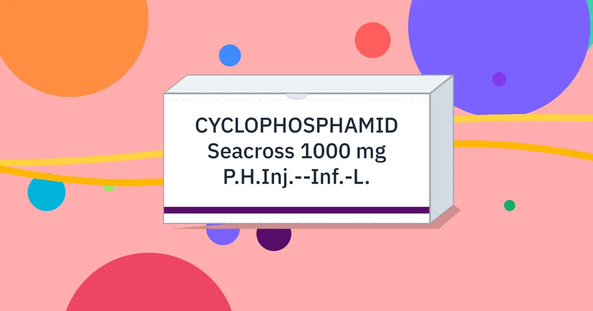 Symbolbild: Packung mit der Aufschrift CYCLOPHOSPHAMID Seacross 1000 mg P.H.Inj.--Inf.-L. (PZN 19927656) – Verfügbarkeit und Bezug in Apotheken in Frankfurt am Main