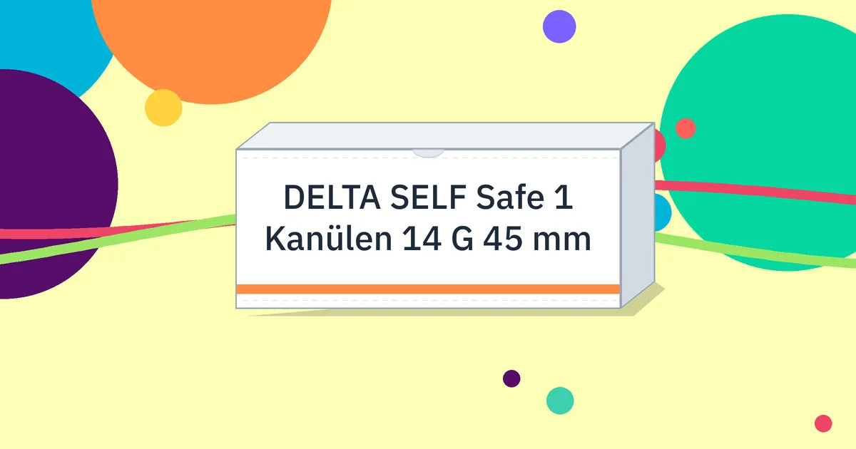 Symbolbild: Packung mit der Aufschrift DELTA SELF Safe 1 Kanülen 14 G 45 mm (PZN 07766231) – Verfügbarkeit und Bezug in Apotheken in Frankfurt am Main