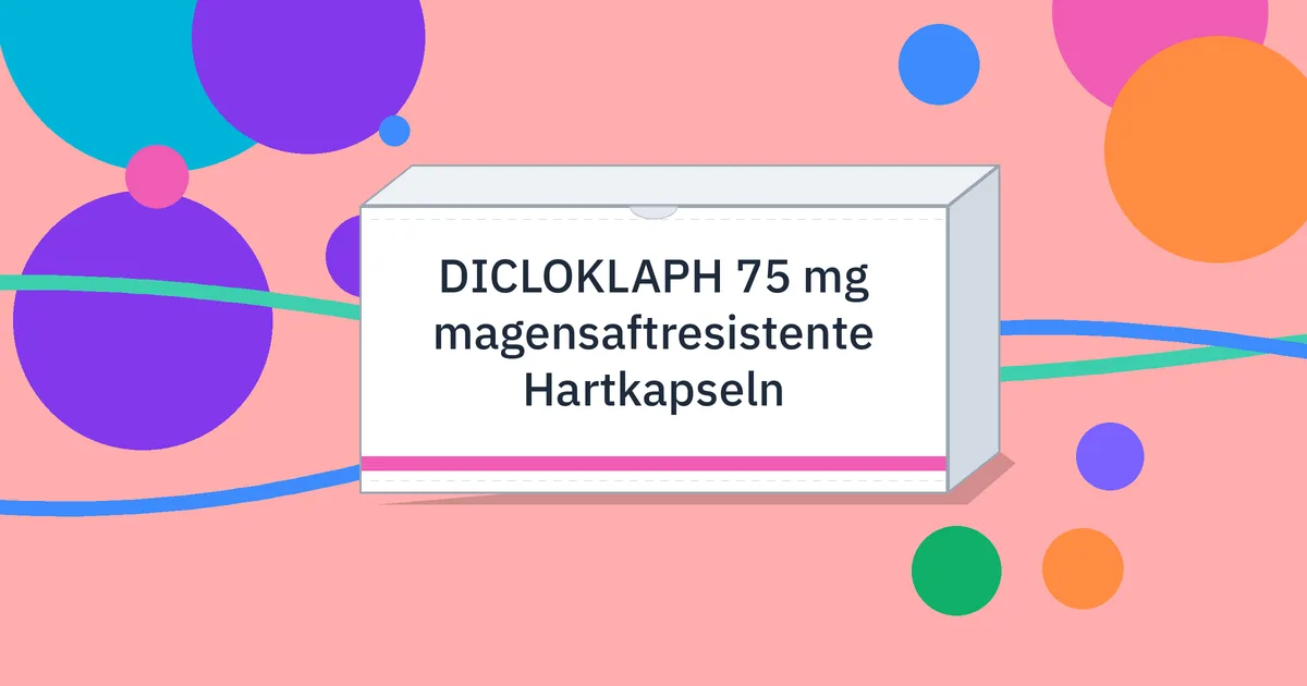 Symbolbild: Packung mit der Aufschrift DICLOKLAPH 75 mg magensaftresistente Hartkapseln (PZN 16682303) – Verfügbarkeit und Bezug in Apotheken in Frankfurt am Main