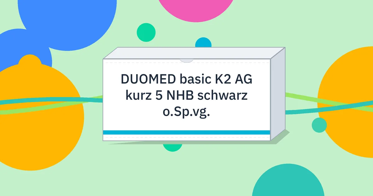 Symbolbild: Packung mit der Aufschrift DUOMED basic K2 AG kurz 5 NHB schwarz o.Sp.vg. (PZN 20908173) – Verfügbarkeit und Bezug in Apotheken in Frankfurt am Main