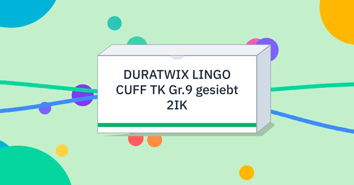 Symbolbild: Packung mit der Aufschrift DURATWIX LINGO CUFF TK Gr.9 gesiebt 2IK (PZN 06966152) – Verfügbarkeit und Bezug in Apotheken in Frankfurt am Main