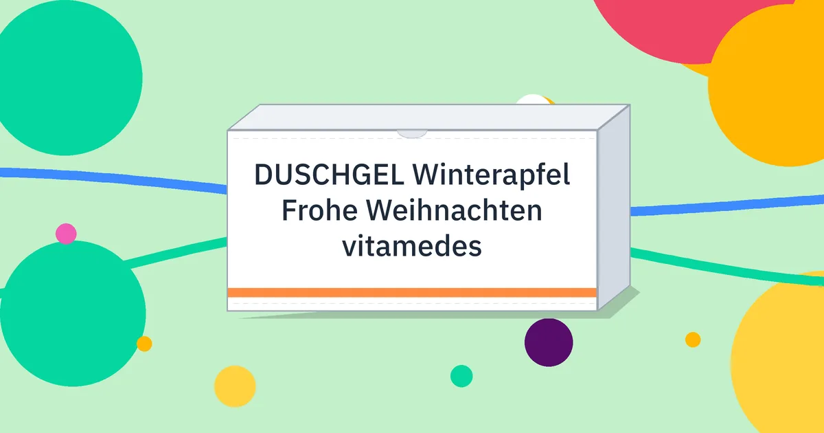 Symbolbild: Packung mit der Aufschrift DUSCHGEL Winterapfel Frohe Weihnachten vitamedes (PZN 20082135) – Verfügbarkeit und Bezug in Apotheken in Frankfurt am Main