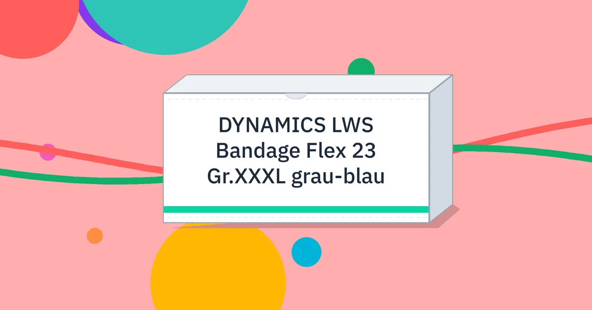Symbolbild: Packung mit der Aufschrift DYNAMICS LWS Bandage Flex 23 Gr.XXXL grau-blau (PZN 10634220) – Verfügbarkeit und Bezug in Apotheken in Frankfurt am Main