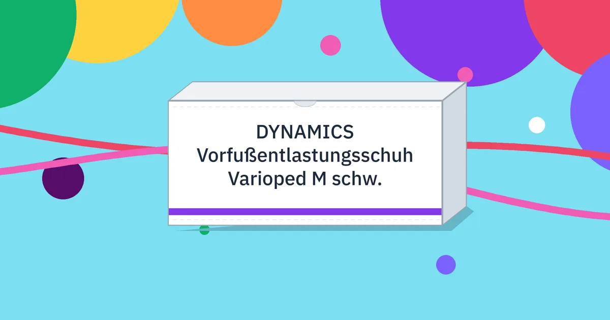 Symbolbild: Packung mit der Aufschrift DYNAMICS Vorfußentlastungsschuh Varioped M schw. (PZN 10635828) – Verfügbarkeit und Bezug in Apotheken in Frankfurt am Main