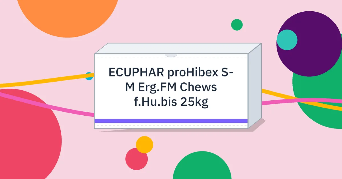 Symbolbild: Packung mit der Aufschrift ECUPHAR proHibex S-M Erg.FM Chews f.Hu.bis 25kg (PZN 20691940) – Verfügbarkeit und Bezug in Apotheken in Frankfurt am Main