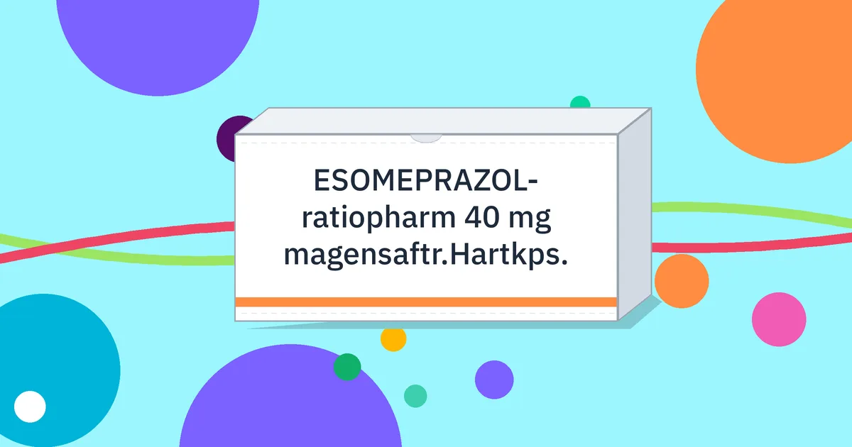 Symbolbild: Packung mit der Aufschrift ESOMEPRAZOL-ratiopharm 40 mg magensaftr.Hartkps. (PZN 06456787) – Verfügbarkeit und Bezug in Apotheken in Frankfurt am Main