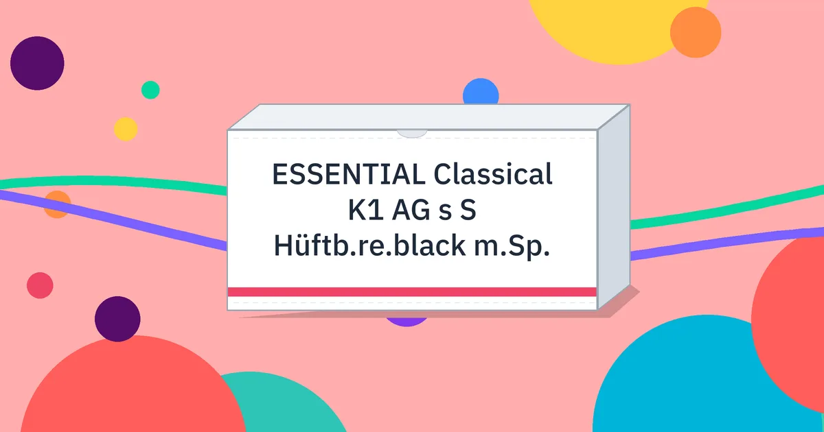 Symbolbild: Packung mit der Aufschrift ESSENTIAL Classical K1 AG s S Hüftb.re.black m.Sp. (PZN 17013544) – Verfügbarkeit und Bezug in Apotheken in Frankfurt am Main