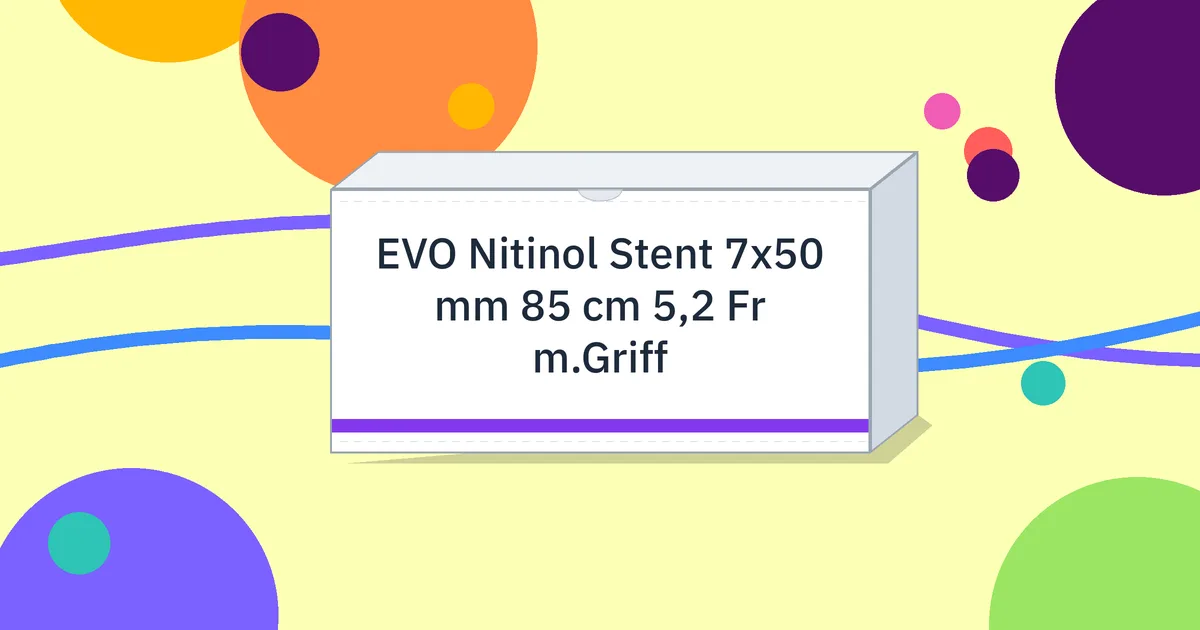 Symbolbild: Packung mit der Aufschrift EVO Nitinol Stent 7x50 mm 85 cm 5,2 Fr m.Griff (PZN 00223332) – Verfügbarkeit und Bezug in Apotheken in Frankfurt am Main