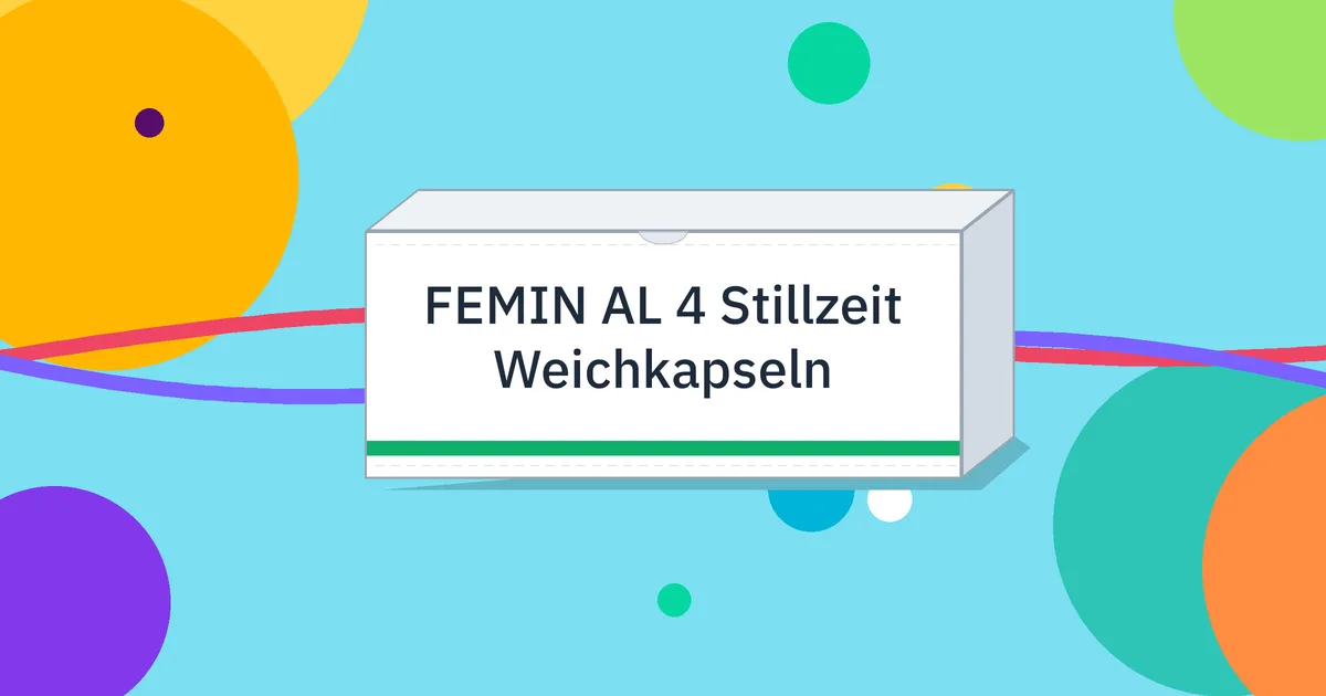 Symbolbild: Packung mit der Aufschrift FEMIN AL 4 Stillzeit Weichkapseln (PZN 18886636) – Verfügbarkeit und Bezug in Apotheken in Frankfurt am Main