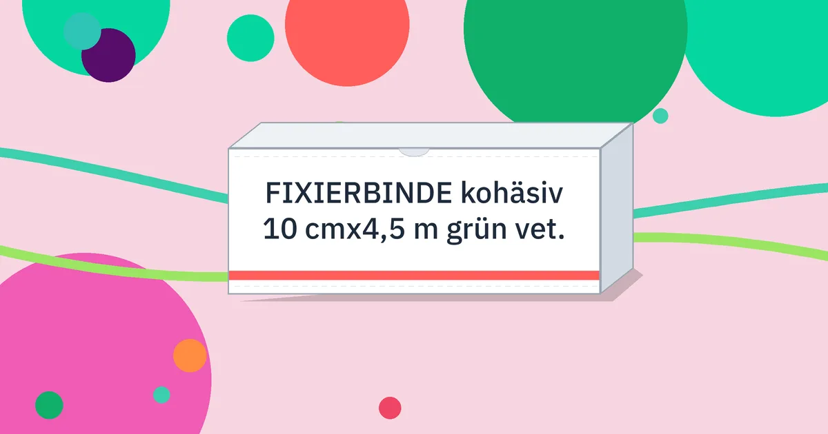 Symbolbild: Packung mit der Aufschrift FIXIERBINDE kohäsiv 10 cmx4,5 m grün vet. (PZN 18605229) – Verfügbarkeit und Bezug in Apotheken in Frankfurt am Main
