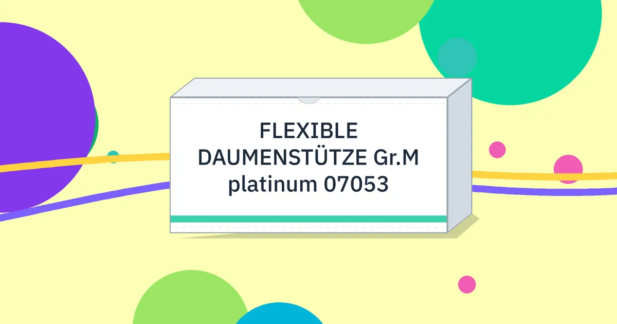 Symbolbild: Packung mit der Aufschrift FLEXIBLE DAUMENSTÜTZE Gr.M platinum 07053 (PZN 01651202) – Verfügbarkeit und Bezug in Apotheken in Frankfurt am Main