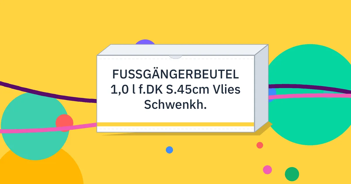 Symbolbild: Packung mit der Aufschrift FUSSGÄNGERBEUTEL 1,0 l f.DK S.45cm Vlies Schwenkh. (PZN 06096679) – Verfügbarkeit und Bezug in Apotheken in Frankfurt am Main
