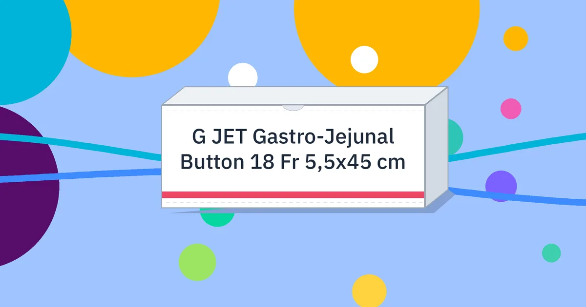 Symbolbild: Packung mit der Aufschrift G JET Gastro-Jejunal Button 18 Fr 5,5x45 cm (PZN 14347345) – Verfügbarkeit und Bezug in Apotheken in Frankfurt am Main