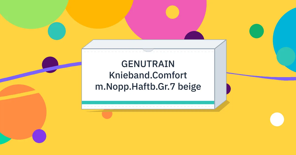 Symbolbild: Packung mit der Aufschrift GENUTRAIN Knieband.Comfort m.Nopp.Haftb.Gr.7 beige (PZN 20040059) – Verfügbarkeit und Bezug in Apotheken in Frankfurt am Main