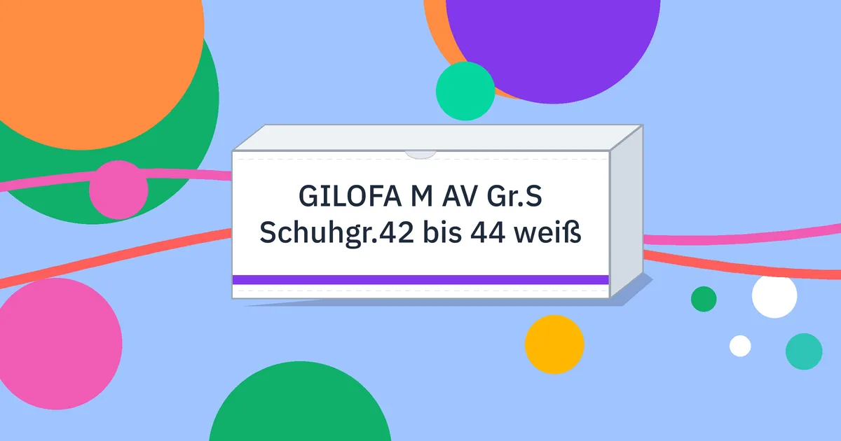 Symbolbild: Packung mit der Aufschrift GILOFA M AV Gr.S Schuhgr.42 bis 44 weiß (PZN 16726070) – Verfügbarkeit und Bezug in Apotheken in Frankfurt am Main