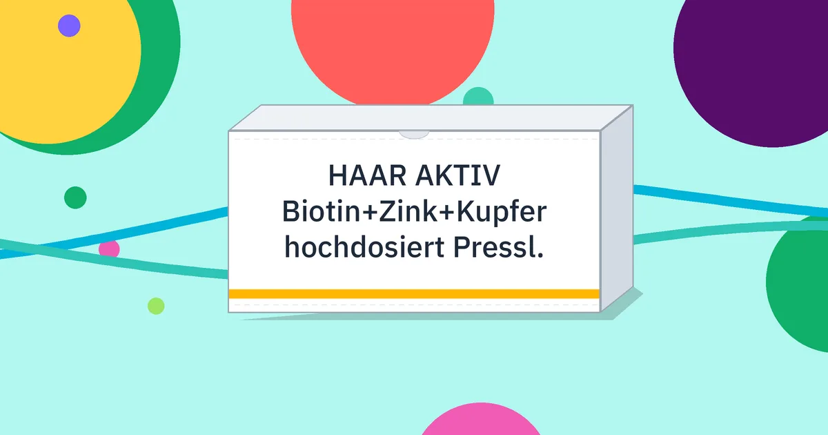 Symbolbild: Packung mit der Aufschrift HAAR AKTIV Biotin+Zink+Kupfer hochdosiert Pressl. (PZN 15247775) – Verfügbarkeit und Bezug in Apotheken in Frankfurt am Main