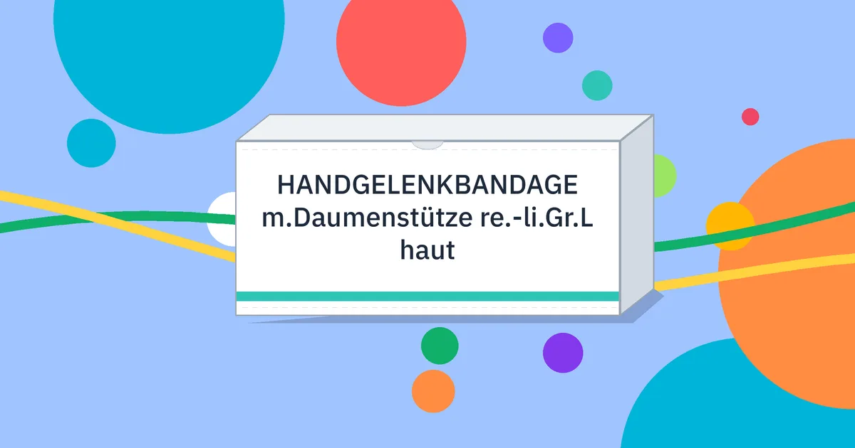 Symbolbild: Packung mit der Aufschrift HANDGELENKBANDAGE m.Daumenstütze re.-li.Gr.L haut (PZN 13827333) – Verfügbarkeit und Bezug in Apotheken in Frankfurt am Main