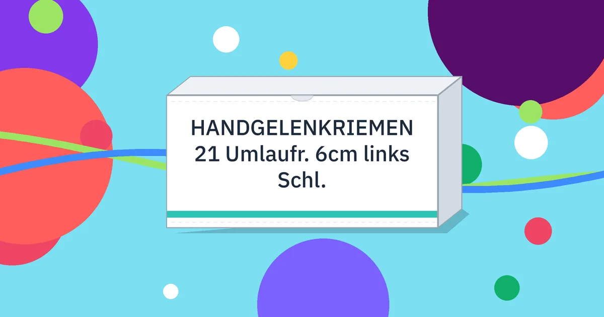 Symbolbild: Packung mit der Aufschrift HANDGELENKRIEMEN 21 Umlaufr. 6cm links Schl. (PZN 01963114) – Verfügbarkeit und Bezug in Apotheken in Frankfurt am Main
