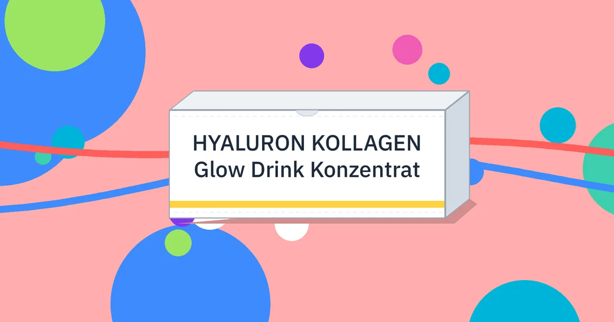Symbolbild: Packung mit der Aufschrift HYALURON KOLLAGEN Glow Drink Konzentrat (PZN 19876893) – Verfügbarkeit und Bezug in Apotheken in Frankfurt am Main