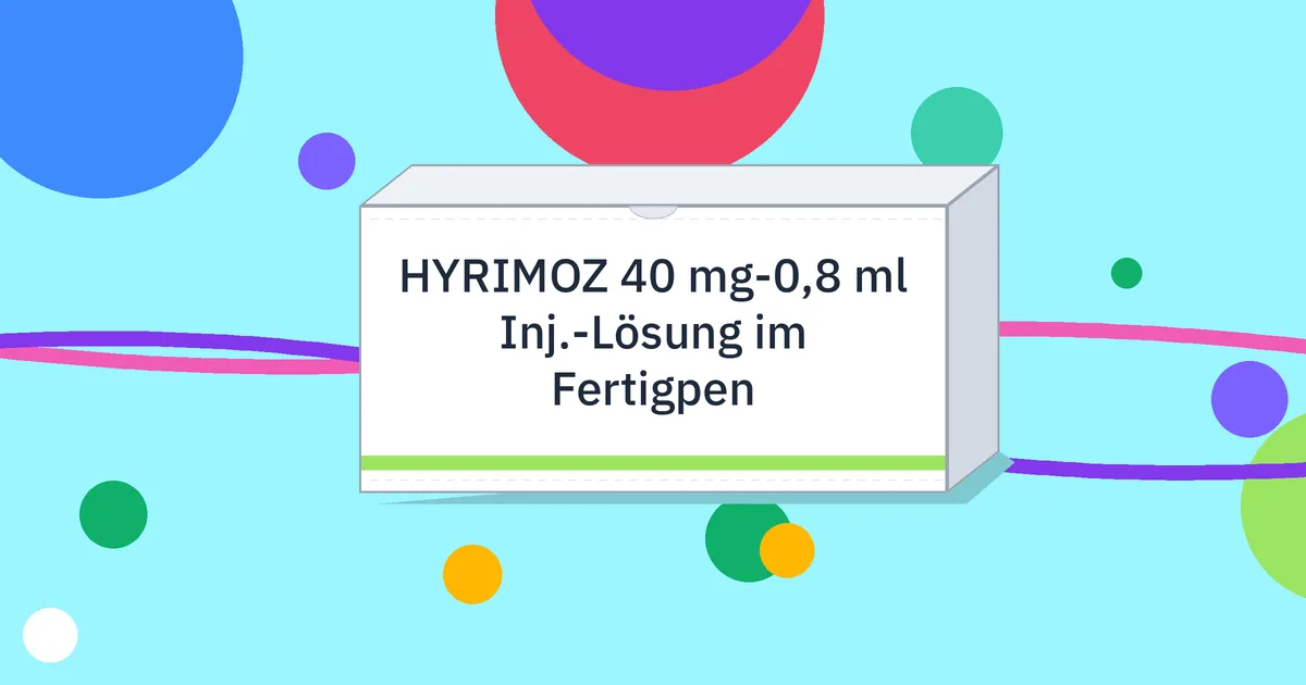 Symbolbild: Packung mit der Aufschrift HYRIMOZ 40 mg-0,8 ml Inj.-Lösung im Fertigpen (PZN 16018261) – Verfügbarkeit und Bezug in Apotheken in Frankfurt am Main