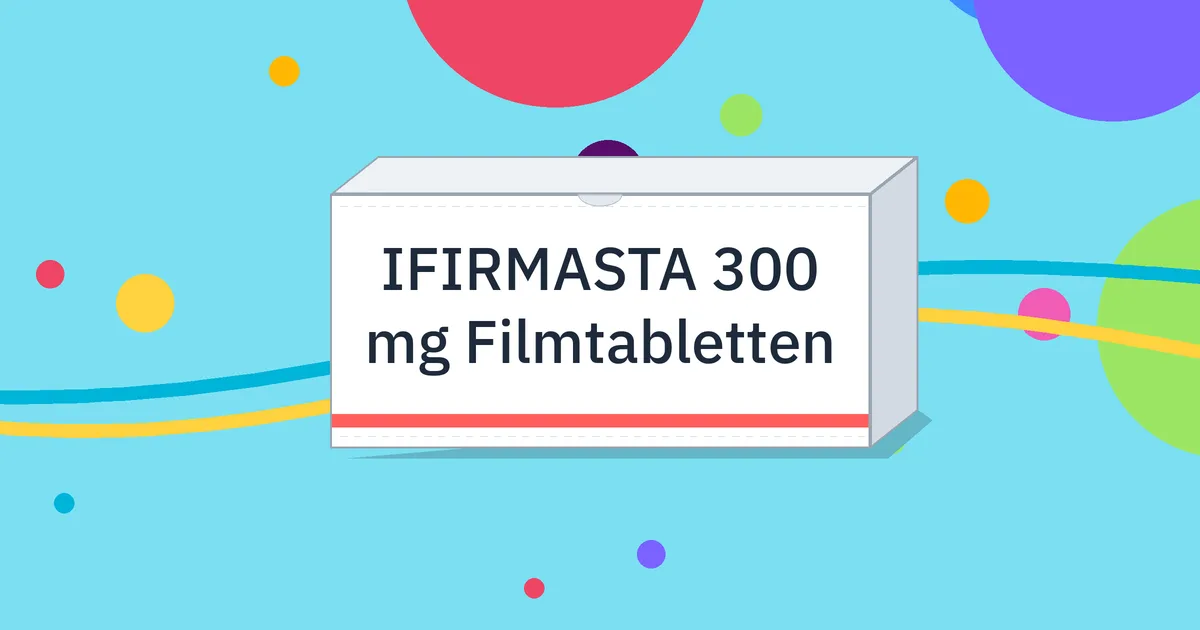 Symbolbild: Packung mit der Aufschrift IFIRMASTA 300 mg Filmtabletten (PZN 09726402) – Verfügbarkeit und Bezug in Apotheken in Frankfurt am Main