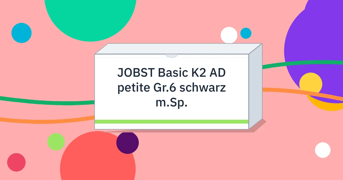 Symbolbild: Packung mit der Aufschrift JOBST Basic K2 AD petite Gr.6 schwarz m.Sp. (PZN 15311088) – Verfügbarkeit und Bezug in Apotheken in Frankfurt am Main