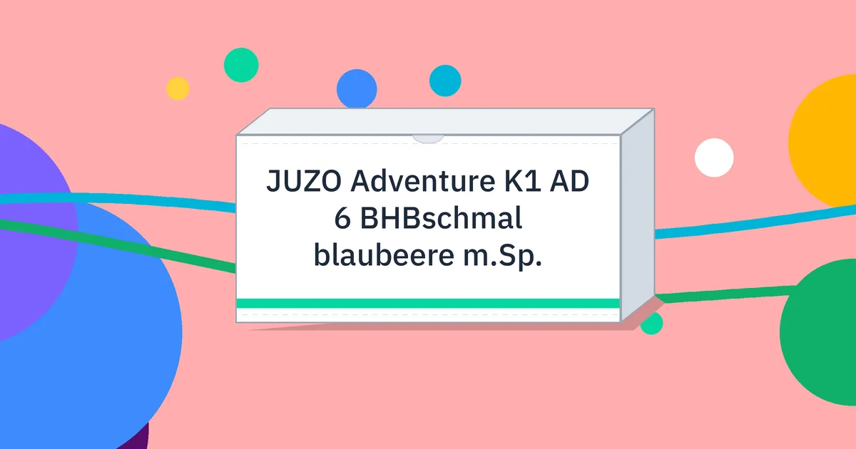 Symbolbild: Packung mit der Aufschrift JUZO Adventure K1 AD 6 BHBschmal blaubeere m.Sp. (PZN 16345439) – Verfügbarkeit und Bezug in Apotheken in Frankfurt am Main