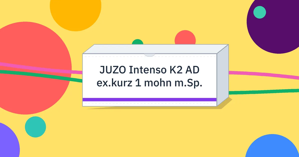 Symbolbild: Packung mit der Aufschrift JUZO Intenso K2 AD ex.kurz 1 mohn m.Sp. (PZN 18608239) – Verfügbarkeit und Bezug in Apotheken in Frankfurt am Main