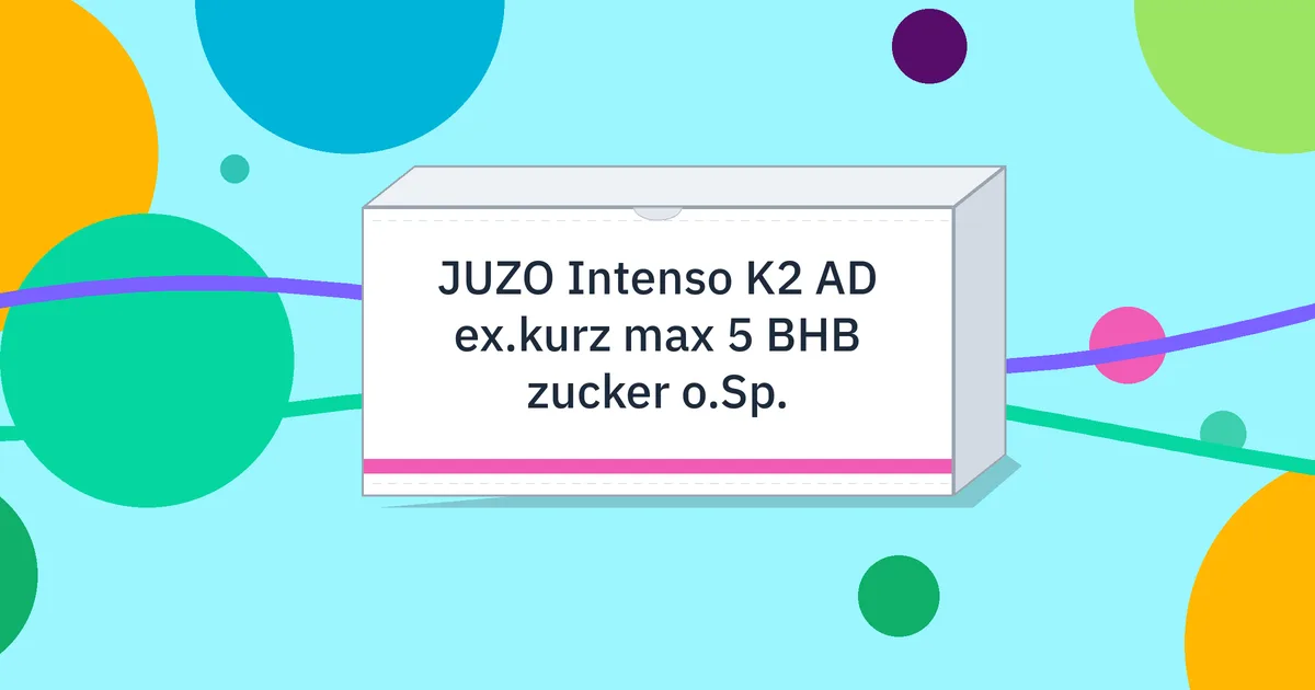 Symbolbild: Packung mit der Aufschrift JUZO Intenso K2 AD ex.kurz max 5 BHB zucker o.Sp. (PZN 18624221) – Verfügbarkeit und Bezug in Apotheken in Frankfurt am Main