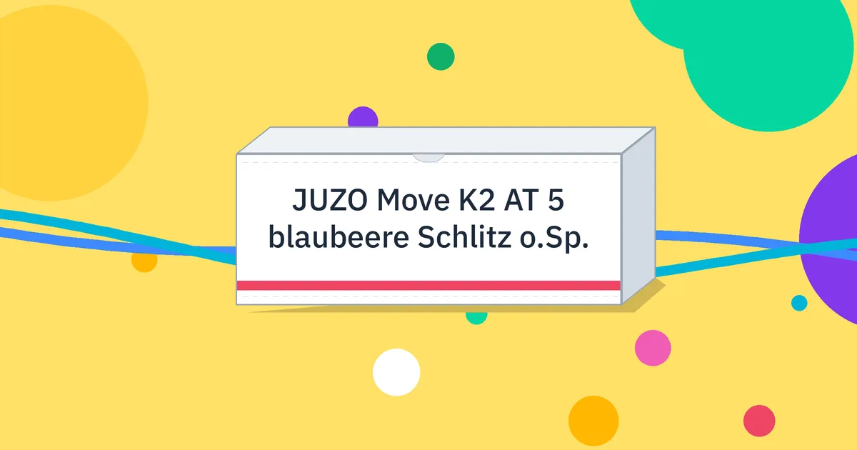 Symbolbild: Packung mit der Aufschrift JUZO Move K2 AT 5 blaubeere Schlitz o.Sp. (PZN 20670323) – Verfügbarkeit und Bezug in Apotheken in Frankfurt am Main