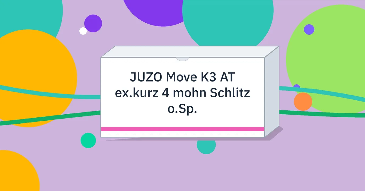 Symbolbild: Packung mit der Aufschrift JUZO Move K3 AT ex.kurz 4 mohn Schlitz o.Sp. (PZN 20682823) – Verfügbarkeit und Bezug in Apotheken in Frankfurt am Main