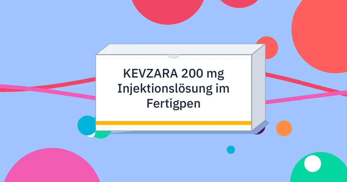 Symbolbild: Packung mit der Aufschrift KEVZARA 200 mg Injektionslösung im Fertigpen (PZN 19149839) – Verfügbarkeit und Bezug in Apotheken in Frankfurt am Main