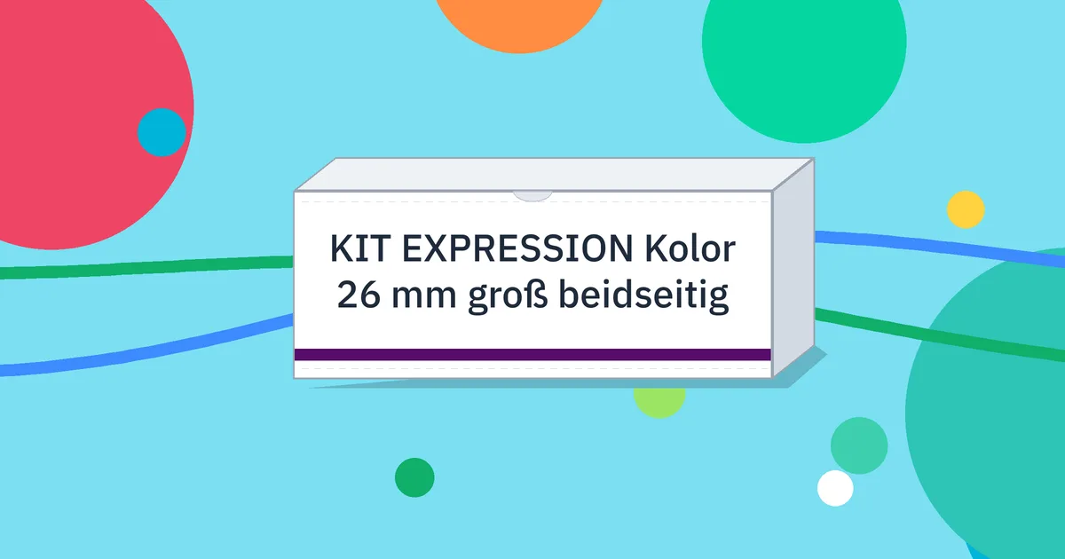 Symbolbild: Packung mit der Aufschrift KIT EXPRESSION Kolor 26 mm groß beidseitig (PZN 10134090) – Verfügbarkeit und Bezug in Apotheken in Frankfurt am Main