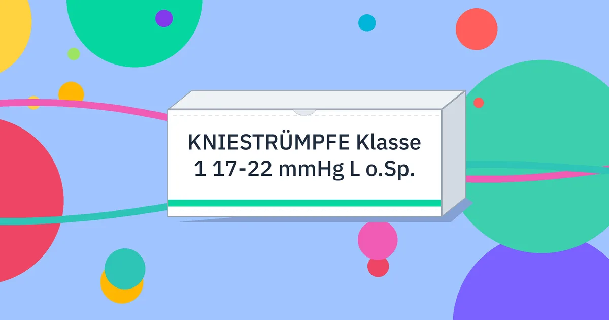 Symbolbild: Packung mit der Aufschrift KNIESTRÜMPFE Klasse 1 17-22 mmHg L o.Sp. (PZN 19072344) – Verfügbarkeit und Bezug in Apotheken in Frankfurt am Main
