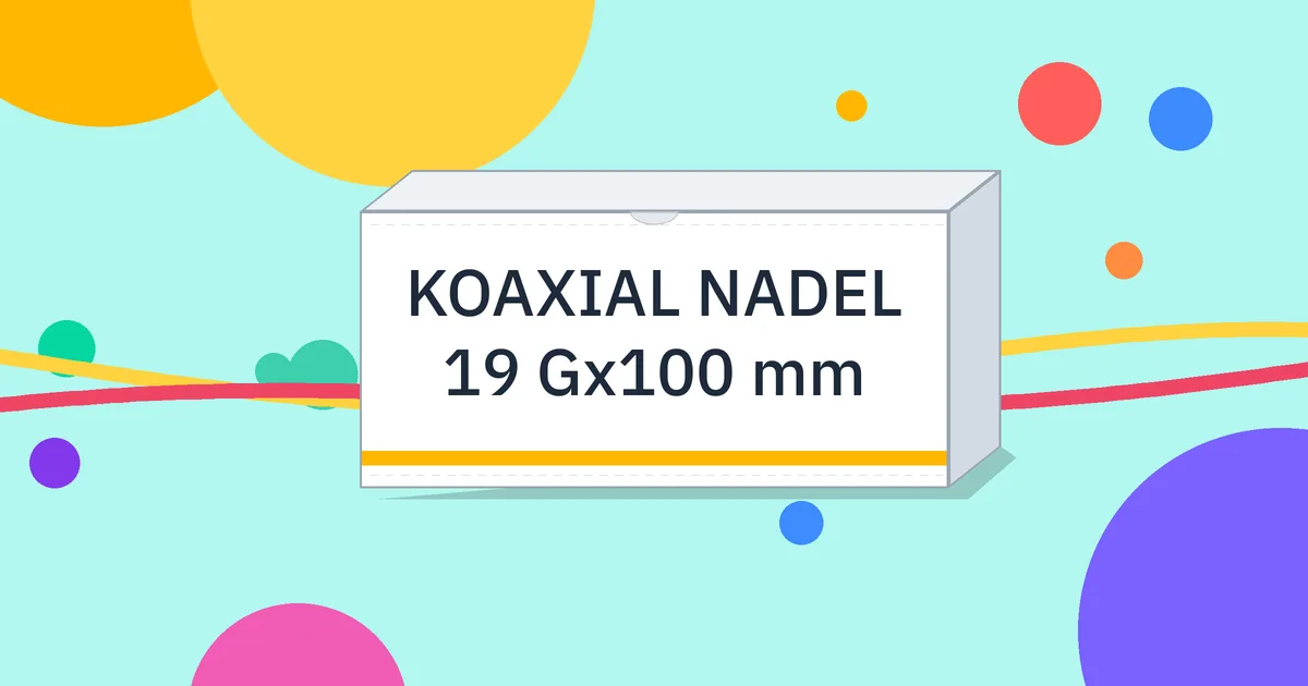 Symbolbild: Packung mit der Aufschrift KOAXIAL NADEL 19 Gx100 mm (PZN 19530025) – Verfügbarkeit und Bezug in Apotheken in Frankfurt am Main