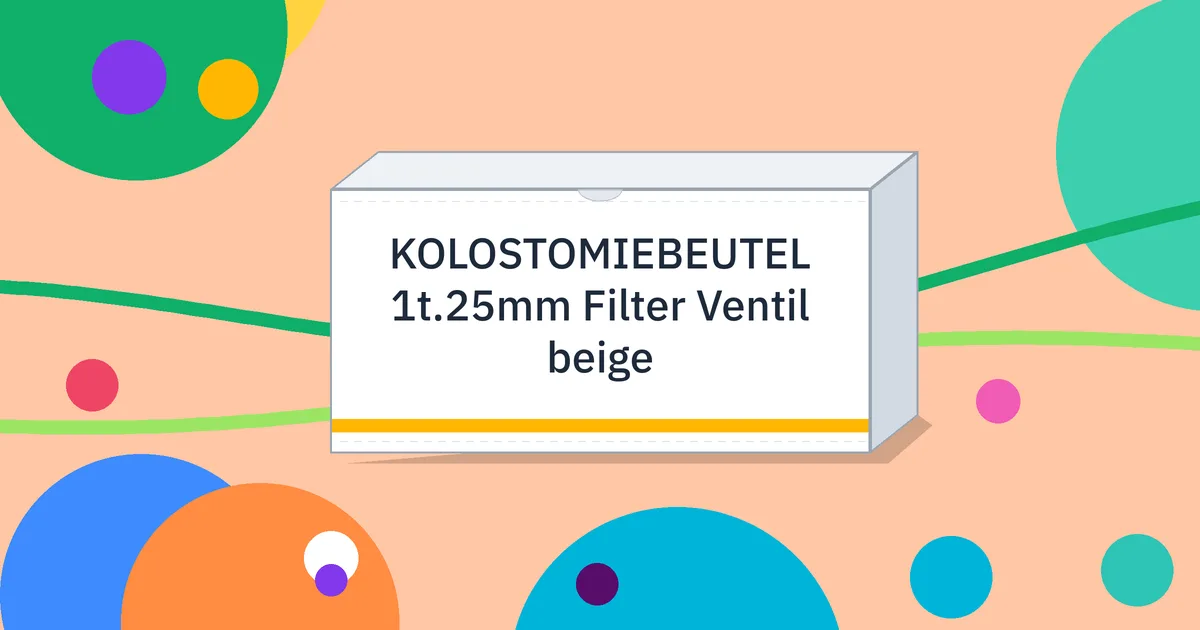 Symbolbild: Packung mit der Aufschrift KOLOSTOMIEBEUTEL 1t.25mm Filter Ventil beige (PZN 10045937) – Verfügbarkeit und Bezug in Apotheken in Frankfurt am Main