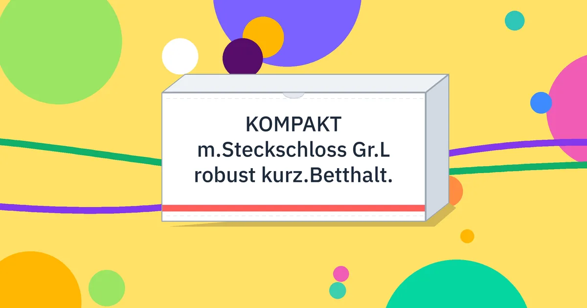 Symbolbild: Packung mit der Aufschrift KOMPAKT m.Steckschloss Gr.L robust kurz.Betthalt. (PZN 11574371) – Verfügbarkeit und Bezug in Apotheken in Frankfurt am Main