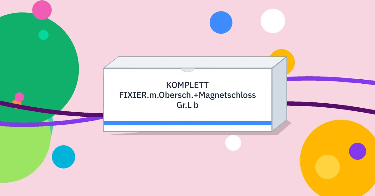 Symbolbild: Packung mit der Aufschrift KOMPLETT FIXIER.m.Obersch.+Magnetschloss Gr.L b (PZN 11573650) – Verfügbarkeit und Bezug in Apotheken in Frankfurt am Main
