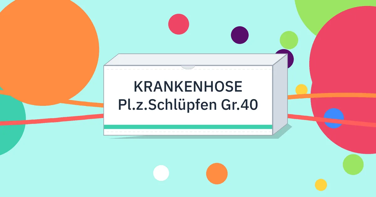 Symbolbild: Packung mit der Aufschrift KRANKENHOSE Pl.z.Schlüpfen Gr.40 (PZN 01742637) – Verfügbarkeit und Bezug in Apotheken in Frankfurt am Main