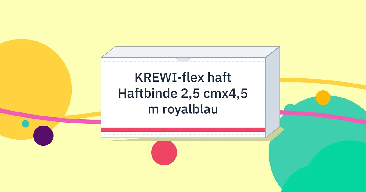 Symbolbild: Packung mit der Aufschrift KREWI-flex haft Haftbinde 2,5 cmx4,5 m royalblau (PZN 17299457) – Verfügbarkeit und Bezug in Apotheken in Frankfurt am Main